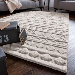 LUXOR living Wollteppich &raquo;H&auml;gga&laquo; rechteckig 15 mm H&ouml;he Handweb Teppich, reine Wolle, handgewebt, Hoch-Tief Struktur beige Wolle B : 130cm 1 Stk., 15mm