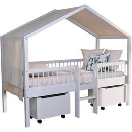 Vipack Hausbett &raquo;Inkl. Dachaufbau, Leiter und Rolllattenrost, Made in Europe&laquo; wahlweise mit und ohne dekorativem Textilhimmel erh&auml;ltlich, hochwertig und 