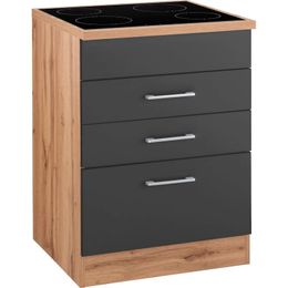 KOCHSTATION Kochfeldumbauschrank &raquo;KS-Colmar&laquo; 60 cm, mit Metallgriff, 2 Schubk&auml;sten und 1 Auszug grau Holzwerkstoff wotaneiche, B/H/T: 60cm x 85cm x 