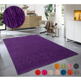 Theko Wollteppich &raquo;Holi&laquo; rechteckig 13 mm H&ouml;he Uni-Farben, leicht meliert, reine Wolle, handgewebt mit Kn&uuml;pfoptik lila Schurwolle B : 170cm 1 Stk., 