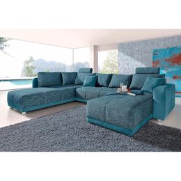 Jockenh&ouml;fer Wohnlandschaft &raquo;Orlando U-Form, B: 337 cm, Liegefl. 135x305 cm&laquo; mit Schlaffunktion, Bettkasten, 2 Kopfst&uuml;tzen & 2 Zierkissen,Federkern blau Struktur 