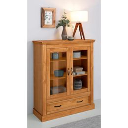 OTTO home Vitrine &raquo;Selma Highboard&laquo; aus massivem Kiefernholz, mit Griffen aus antikisiertem Metall beige Glas, MDF, Massivholz natur gebeizt, B/H/T: 
