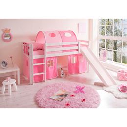 Ticaa Hochbett &raquo;Manuel&laquo; mit Rollrost in verschied. Ausf&uuml;hrungen wahlweise mit Matratze, wei&szlig; rosa Mit Vorhang, Tunnel und Tasche, Liegefl&auml;che B/L: 90cm x 