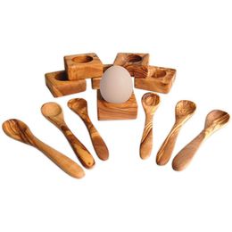 Olivenholz-erleben Eierbecher &raquo;Trou&eacute; mit Eierl&ouml;ffel aus Olivenholz&laquo; besonders platzsparende eckige Form, Olivenholz ist lebensmittelecht braun 