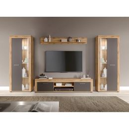 OTTO home Wohnwand &raquo;AOSTA, Breite 310cm, 4-teilige Wohn-Kombination&laquo; bestehend aus: 2x Vitrine, Lowboard, Wandboard grau B/H/T: 310cmcm x 159cmcm x 
