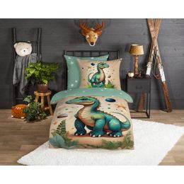 Good Morning Kinderbettw&auml;sche &raquo;Milo&laquo; 2 Stk. Flanell Biber, 135x200, Warm, Rei&szlig;verschluss, Wende, Kind, Junge, Dino Flanell, Obermaterial: 100% 