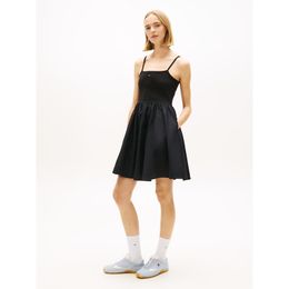 Tommy Jeans Damen Spaghettikleid &raquo;TJW RIB POPLIN MIX STRAPPY DRESS&laquo; Eingrifftaschen Super Slim mit Falten am Rock schwarz L (40), N-Gr