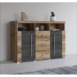 OTTO home Sideboard &raquo;Roger,Breite 132cm, stilvolle Schrank, 2 Holzt&uuml;ren 3 Schubladen&laquo; Kommode mit viel Stauraum, Einlegeb&ouml;den verstellbar braun B/H/T: