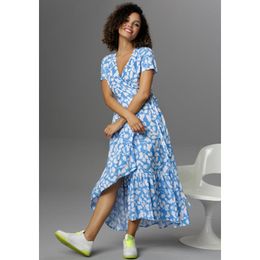 Aniston Casual Damen Aniston CASUAL Wickelkleid mit graphischen Bl&auml;tterdruck blau 38, N-Gr