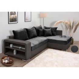Collection AB Ecksofa &raquo;John L-Form, B: 226 cm&laquo; Schlaffunktion, Bettkasten, Regalelement, Licht & 2 Zierkissen grau 100%Polyester B/H/T: 226cm x 40cm x