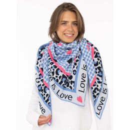 Zwillingsherz Damen Dreieckstuch &raquo;Love is Love&laquo; Feinstrick, Schriftzug, Animal-Muster, w&auml;rmend blau Einheitsgr&ouml;&szlig;e