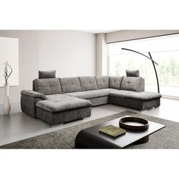 WERK2 Wohnlandschaft &raquo;Arena, B/T: 339/220 cm breit, moderner, einladender Sitzkomfort&laquo; 2x Kopfst&uuml;tzen, Schlaffunktion und Bettkasten, U-Form grau 100%