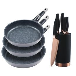 King Pfannen-Set &raquo;&raquo;Moonscape 3er&laquo;, inkl. Messer-Set&laquo; Aluminiumguss Set, 3 Pfannen, 5 K&uuml;chenmesser, 1 Messerblock, 9 Stk. tlg. Induktion, abnehmbarer 