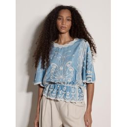 Apricot Damen Klassische Bluse "Blusenbluse mit Blumenstickerei", blau, Modern, Gr. L, uni, gewebt, Obermaterial: 70% Viskose CV. 30% Polyester PES.,