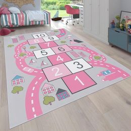 Paco Home Kinderteppich &raquo;Bino 569&laquo; rechteckig 4 mm H&ouml;he Kurzflor, Stra&szlig;en-Spiel-Teppich & Motiv H&uuml;pfk&auml;stchen "Himmel & H&ouml;lle" pink Polyester B : 140cm 1 Stk., 