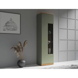 OTTO home Vitrine &raquo;Ribe,180cm hoch,5 F&auml;cher,2 Glasb&ouml;den variabel einsetzbar&laquo; Oberplatte Eiche massiv,dunkles Glas, schwarze Metall Griffe gr&uuml;n FSC -