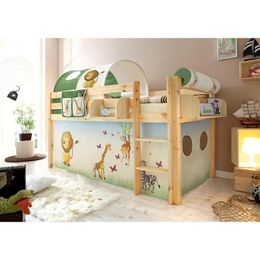 Ticaa Hochbett &raquo;Malte&laquo; mit Rollrost und in verschiedenen Ausf&uuml;hrungen wahlweise mit Matratze beige Mit Vorhang, Tunnel und Tasche, Liegefl&auml;che B/L: 90cm x 