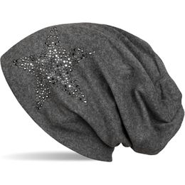 styleBREAKER Damen Beanie "Beanie M&uuml;tze mit Strass Nieten Stern", grau, Modisch, Obermaterial: 100% Viskose CV., M&uuml;tzen