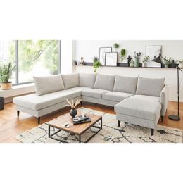 ATLANTIC HOME COLLECTION Wohnlandschaft &raquo;Rekvik U-Form&laquo; mit Wellenunterfederung, mit Massivholzf&uuml;&szlig;en beige B/H/T: 308cm x 79cm, Struktur, Recamiere 