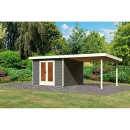 Karibu Gartenhaus &raquo;Rabensee 1&laquo; mit Anbaudach 3,30 m, terragrau grau Holzwerkstoff Einheitsgr&ouml;&szlig;e