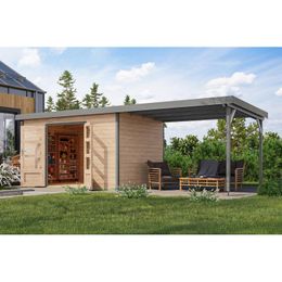 Karibu Gartenhaus &raquo;Plutino 7 SET, in verschiedenen Farben&laquo; inkl. Anbaudach Massivholz ohne Fu&szlig;boden, Blechdach