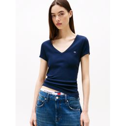 Tommy Jeans Damen Kurzarmshirt "TJW SLIM ESSENTIAL RIB V SHORT SLEEVE", blau, Gr. L, unifarben, Feinripp, Obermaterial: 95% Baumwolle, 5% Elasthan,