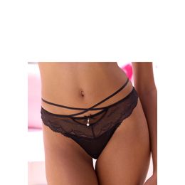 Lascana Damen Tanga, Gr. 44, schwarz, Spitze, Obermaterial: 87% Polyamid, 13% Elasthan, Unterhosen, mit verf&uuml;hrerischem B&auml;ndchen