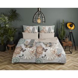 HIP Wendebettw&auml;sche &raquo;Alrune&laquo; 3 Stk. Satin, Rei&szlig;verschluss, Wendeoptik, Mandala, Bl&auml;tter, grau, sand beige Renforc&eacute;, Obermaterial: 100% Baumwolle B/L: 