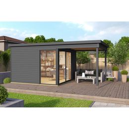 Lasita Maja Gartenhaus &raquo;DOMEO 2&laquo; mit Dachverl&auml;ngerung grau Massivholz Fu&szlig;boden im Gartenhaus, ohne R&uuml;ck- und Seitenwand, ohne Dacheindeckung