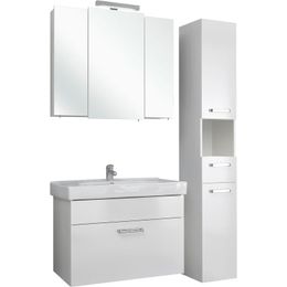 Badm&ouml;bel-Set &raquo;Quickset 3-teilig, Keramik-Waschtisch mit LED-Spiegelschrank, Bad-Set&laquo; 4 Stk. tlg. wei&szlig; Holzwerkstoff B/H/T: 113cmcm x 200cmcm x 48cmcm