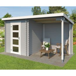 Lasita Maja Gartenhaus &raquo;Jelle 175 Plus&laquo; Blockbohlenhaus 28mm mit Anbau grau Massivholz ohne Fu&szlig;boden, R&uuml;ckwand, ohne Dacheindeckung
