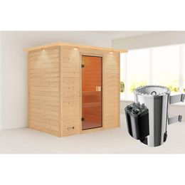 Karibu Sauna &raquo;"Sunie" mit bronzierter T&uuml;r und Kranz, naturbelassen&laquo; aus hochwertiger nordischer Fichte beige Saunaofen, integrierte Steuerung, 230 kW