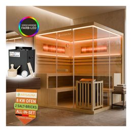 Artsauna&reg; Traditionelle Sauna Vantaa natur - moderne Indoorsauna f&uuml;r 6 Personen, Hemlock Holz, Sicherheitsglas, RGB LED Beleuchtung mit Fernbedienung, Saunaofen 8 kW