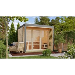 Karibu Saunahaus ""Adrian 3" naturbelassen-graualuminium", ohne Ofen, ohne Steuerung, (ohne Ofen), beige, Saunen, W&auml;nde aus nordischer Fichte,