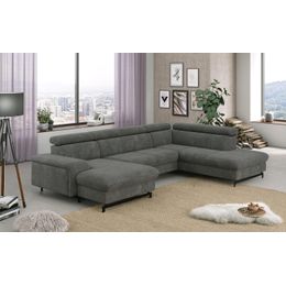 Wohnlandschaft COTTA, B:328cm H:97cm T:215cm, grau, Sofas, "Emma U-Form, B: 328 cm", mit Kopfteilverstellung, optional Schlaffunktion & Bettkasten
