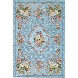 Theko Teppich &raquo;Flomi Floral&laquo; rechteckig 3 mm H&ouml;he gewebt, Blumen Design, ideal im Wohnzimmer & Schlafzimmer blau Baumwolle, Kunstfaser B : 70cm 1 Stk.