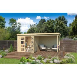 Lasita Maja Gartenhaus &raquo;Long Beach&laquo; Blockbohlenhaus 28mm mit Anbau beige Massivholz ohne Fu&szlig;boden, R&uuml;ckwand, ohne Dacheindeckung