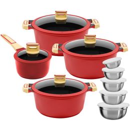 King Topf-Set Set, Kochtopf 18/20/24 cm, Stieltopf 16 cm, Sch&uuml;ssel-Set, 18 Stk. tlg. Aluminiumguss rot Einheitsgr&ouml;&szlig;e
