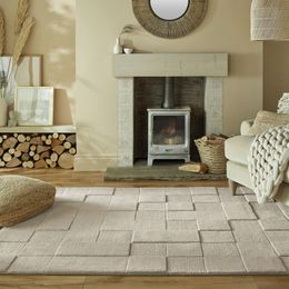 Wollteppich FLAIR RUGS, B:160cm H:10mm L:230cm, beige, Wolle, Wohnzimmer, Teppiche, "CHECKERBOARD", Hoch-Tief-Effekt, Wohnzimmer, Schlafzimmer, 100 %
