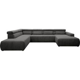 DOMO collection Wohnlandschaft &raquo;BRANDON belastbar bis 140 kg/Sitz, 359x228 cm, U-Form&laquo; ohne Sitztiefenverstellung, Cord, grau grau Kunstleder SOFTLUX 