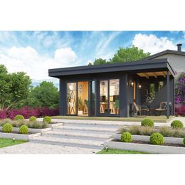 Lasita Maja Gartenhaus &raquo;DOMEO 7&laquo; mit Anbau grau Massivholz Fu&szlig;boden im Gartenhaus, R&uuml;ckwand, ohne Dacheindeckung