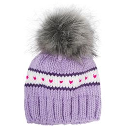 styleBREAKER Jungen Strickm&uuml;tze "Kinder Strick Bommelm&uuml;tze Herzmuster", lila, Modisch, M&uuml;tzen
