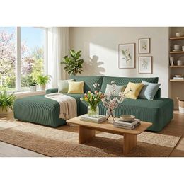 Trendmanufaktur Ecksofa &raquo;Prag, Schlafsofa mit Bettkasten, Couch in L-Form, Breite 253 cm&laquo; in Cordstoff HYPER, dunkelgr&uuml;n, Recamiere links gr&uuml;n 92%