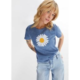bonprix Damen bonprix T-Shirt &raquo;T-Shirt aus reiner Baumwolle&laquo; Slim Fit Passform, Kurzarm, G&auml;nsebl&uuml;mchen-Print, Moonwash-Effekt blau 36/38 (S)