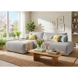 Trendmanufaktur Ecksofa &raquo;Prag, Schlafsofa mit Bettkasten, Couch in L-Form, Breite 253 cm&laquo; in Cordstoff HYPER, betongrau, Recamiere links grau 92%