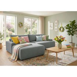 Trendmanufaktur Ecksofa &raquo;Prag, Schlafsofa mit Bettkasten, Couch in L-Form, Breite 253 cm&laquo; in feinem Strukturstoff, grau, Recamiere links grau 95%