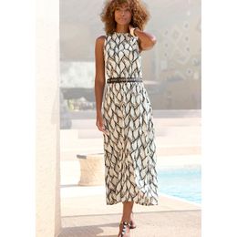 Lascana Damen Lascana Jerseykleid &raquo;mit Alloverdruck und Gummizug in der Taille&laquo; Jerseykleid, Midikleid, hochgeschlossen, sommerlich-elegant beige 38, 