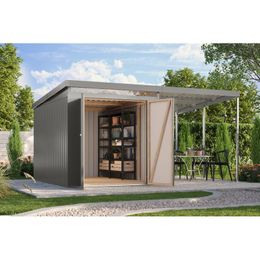 Karibu Ger&auml;tehaus &raquo;Argonium 2,5 SET mit Anbaudach&laquo; Made in Germany Metall Einheitsgr&ouml;&szlig;e