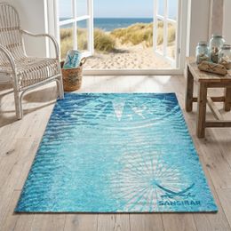 Teppich Sansibar, B:80cm H:3mm L:150cm, blau, Polyester, Wohnzimmer, Teppiche, "Keitum 011", Flachgewebe, modernes Design, Motiv Kompass