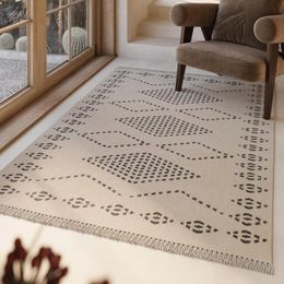 Wollteppich &raquo;Belmont&laquo; rechteckig 5 mm H&ouml;he Fransen, Kelim, handgewebt, Natur, Wohnzimmer, Schlafzimmer, Raute beige Wolle B : 160cm 1 Stk., 5mm, L: 